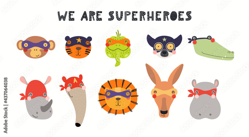 Cute exotic animal superheroes faces in masks collection, isolated on ...