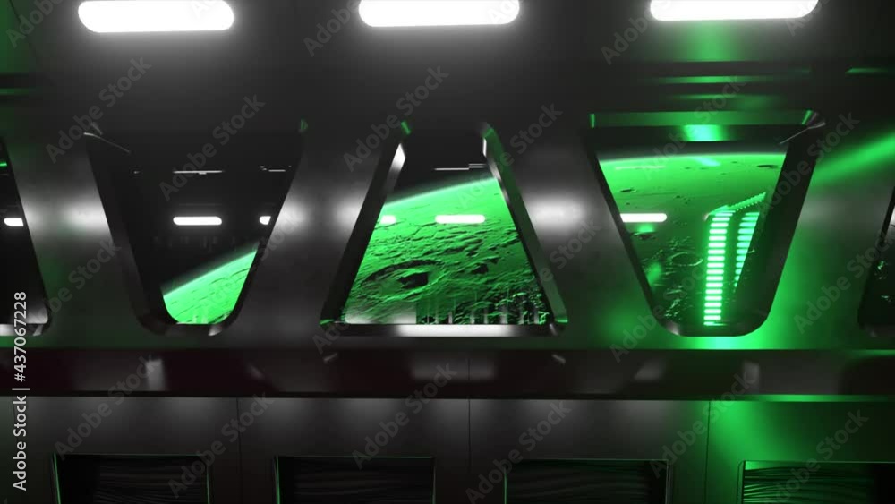 Sci-fi tunnel in outer space with neon light. Planet Mars outside the ...