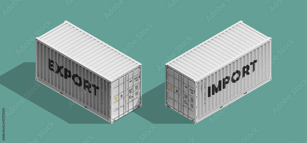 3D Isometric two 20 foot container delivery with EXPORT and IMPORT text ...