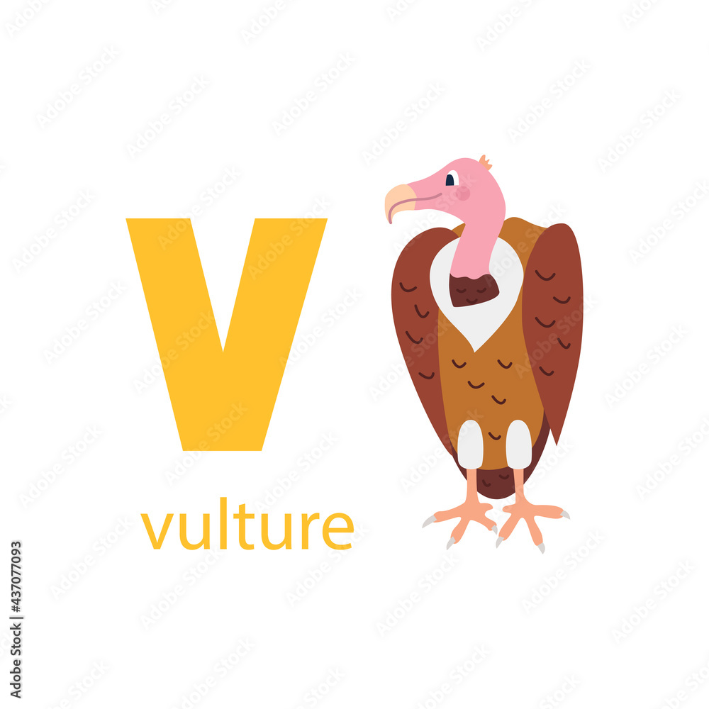 Cute vulture card. Alphabet with animals. Colorful design for teaching ...