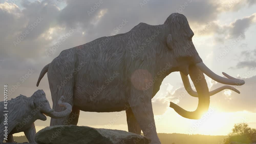 Side motion of huge statues of extinct mammoths outdoors. Beautiful ...
