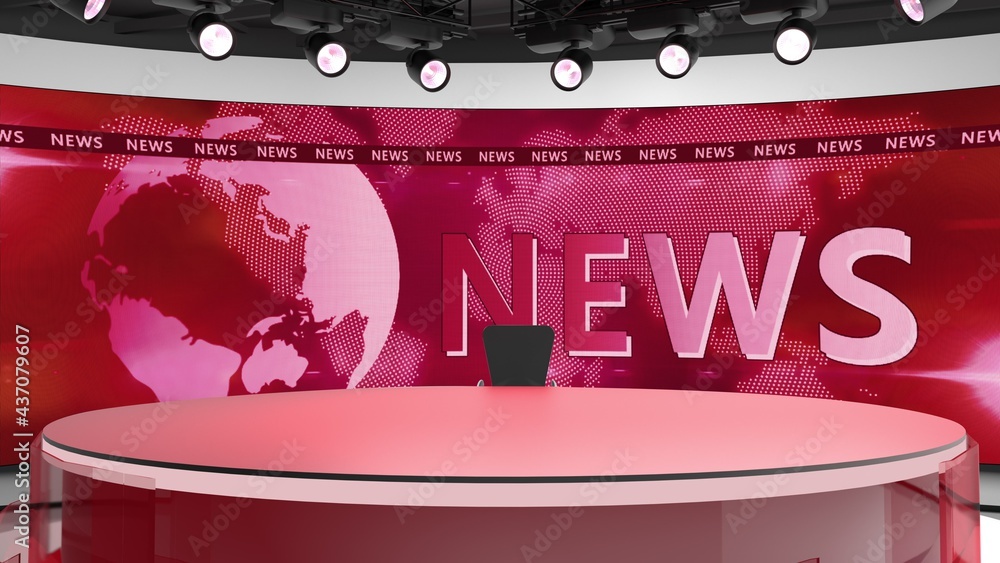 Tv studio. News room. Blye and red background. General and close-up ...