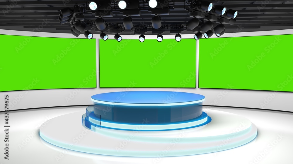 Tv studio. News room. Blye and red background. General and close-up ...