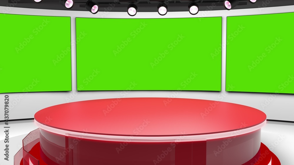 Tv studio. News room. Blye and red background. General and close-up ...