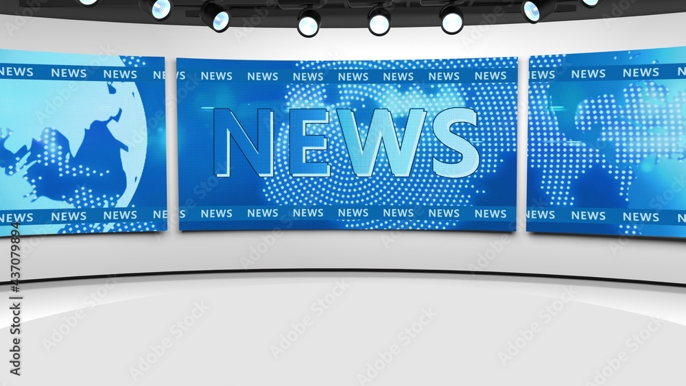Tv studio. News room. Blye and red background. General and close-up ...