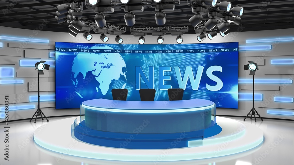 Tv studio. News room. Blye and red background. General and close-up ...