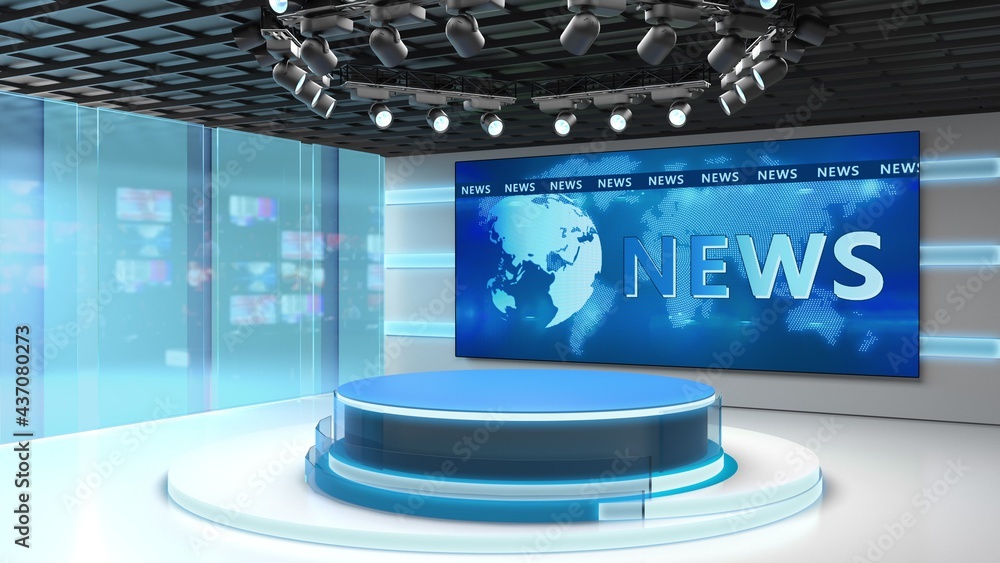 ภาพประกอบสต็อก Tv studio. News room. Blye and red background. General ...