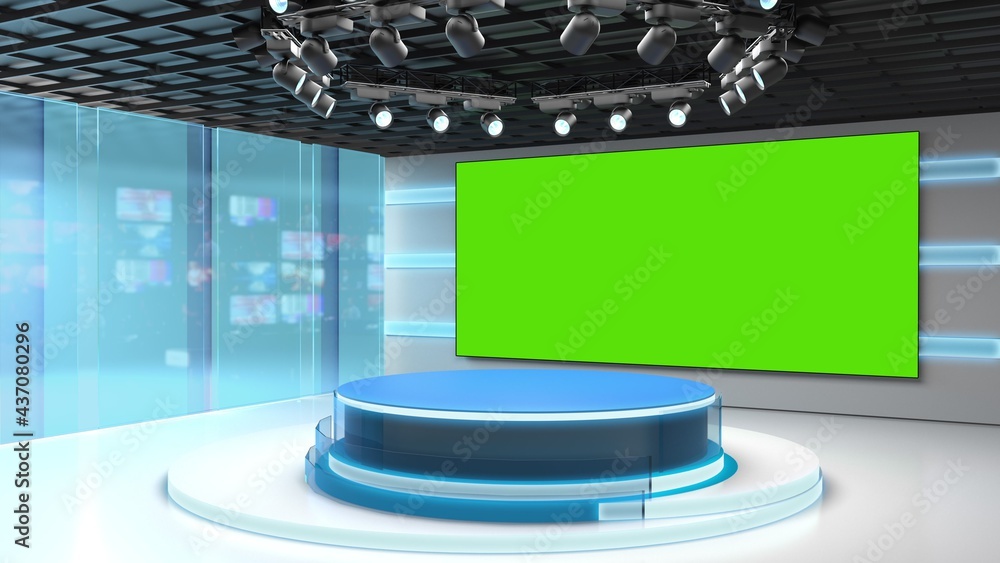 Tv studio. News room. Blye and red background. General and close-up ...