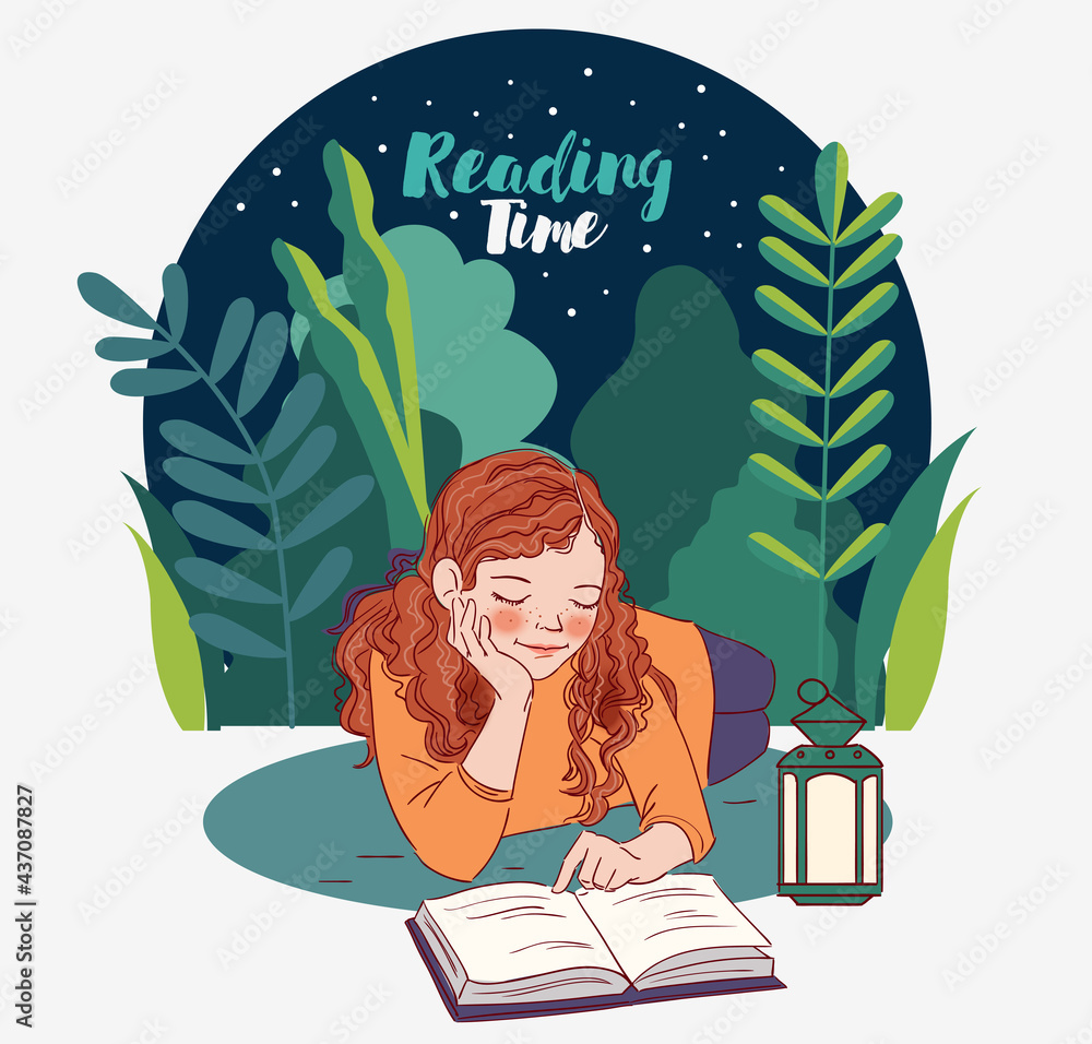 Cute girl reading a book in the garden. Nature landscape background ...