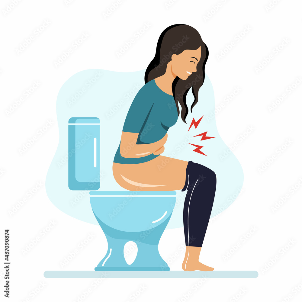 Girl is experiencing abdominal pain. Woman is sitting in toilet ...