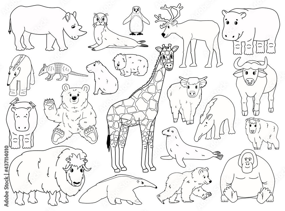 Set of doodle animals. Vector outline cartoon isolated graphic hand ...