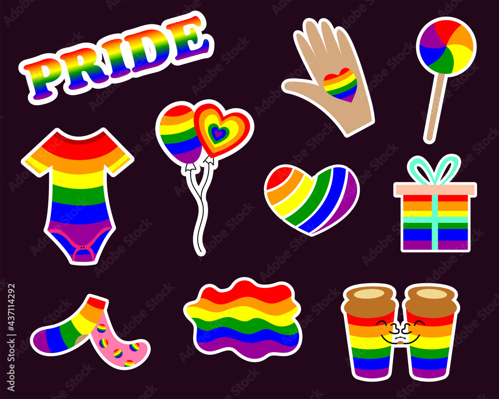 LGBT stickers with gender signs, rainbow colored clothes, food. Pride ...
