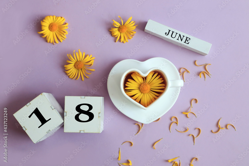 Calendar for June 18: the name of the month of June in English, cubes ...