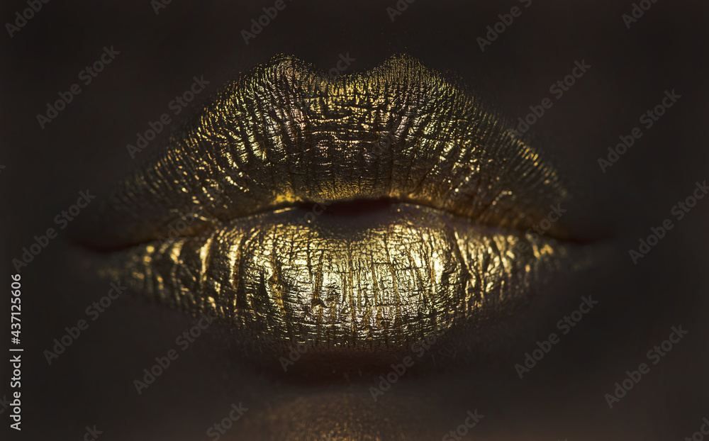 Gold Paint from the lips. Golden lips on beautiful model girls mouth ...