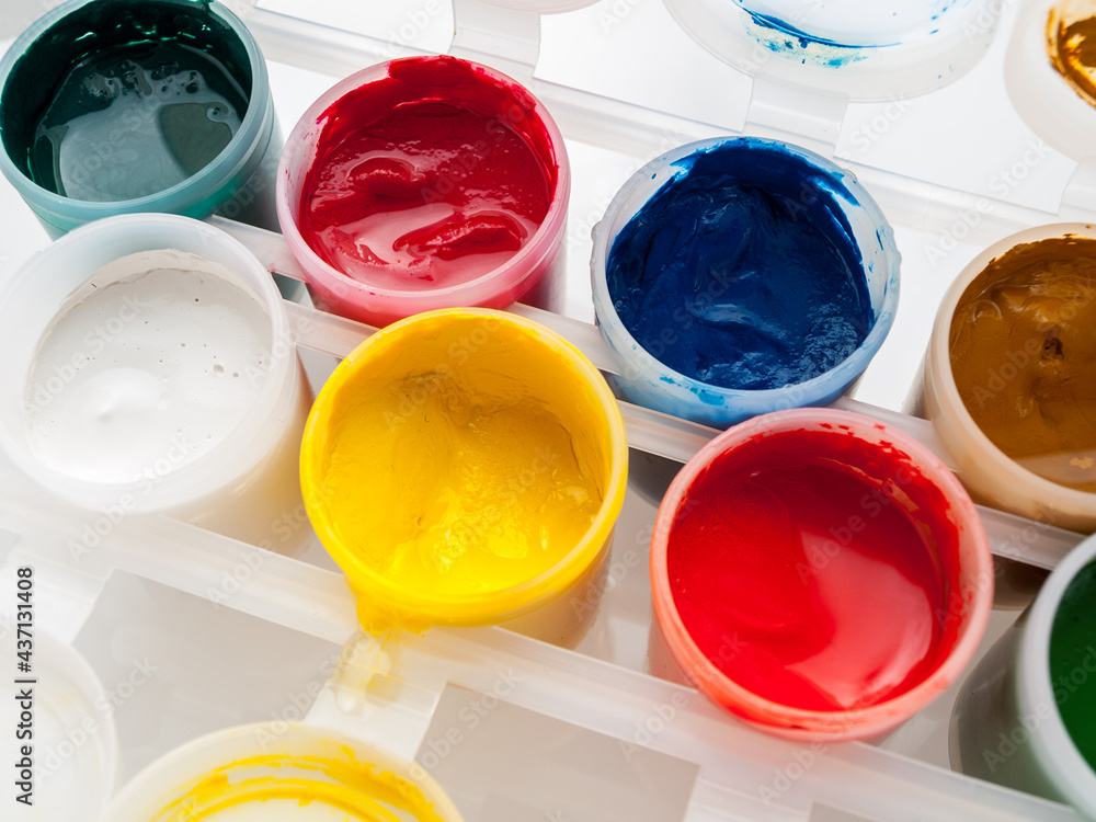 Gouache, water paint, splash, a type of adhesive water-soluble paints ...