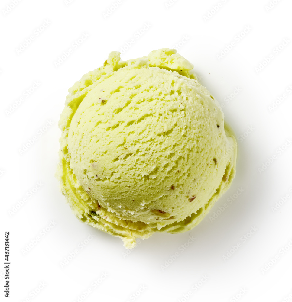 Scoop of pistachio ice cream with pistachio nuts on white background ...