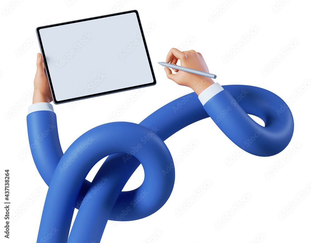 3d render, funny cartoon flexible tangled hands hold blank graphic pad ...