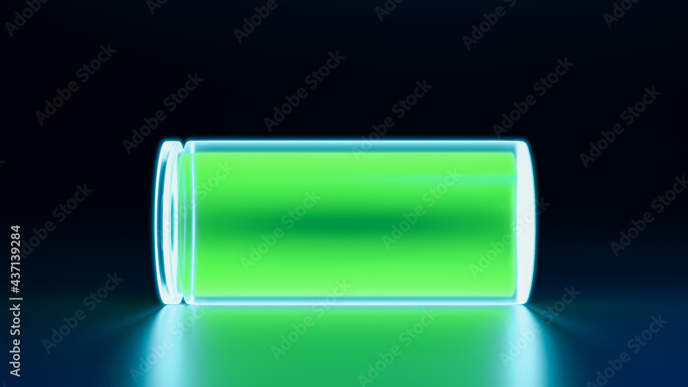 fully charged 3D battery, neon glowing smartphone device recharging ...