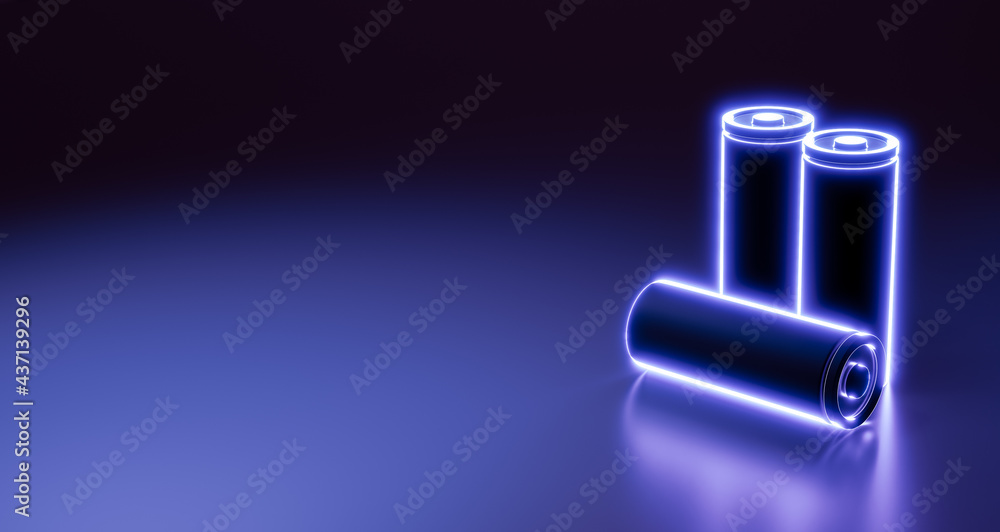 3D neon lithium ion battery glowing on the purple floor, digital ...