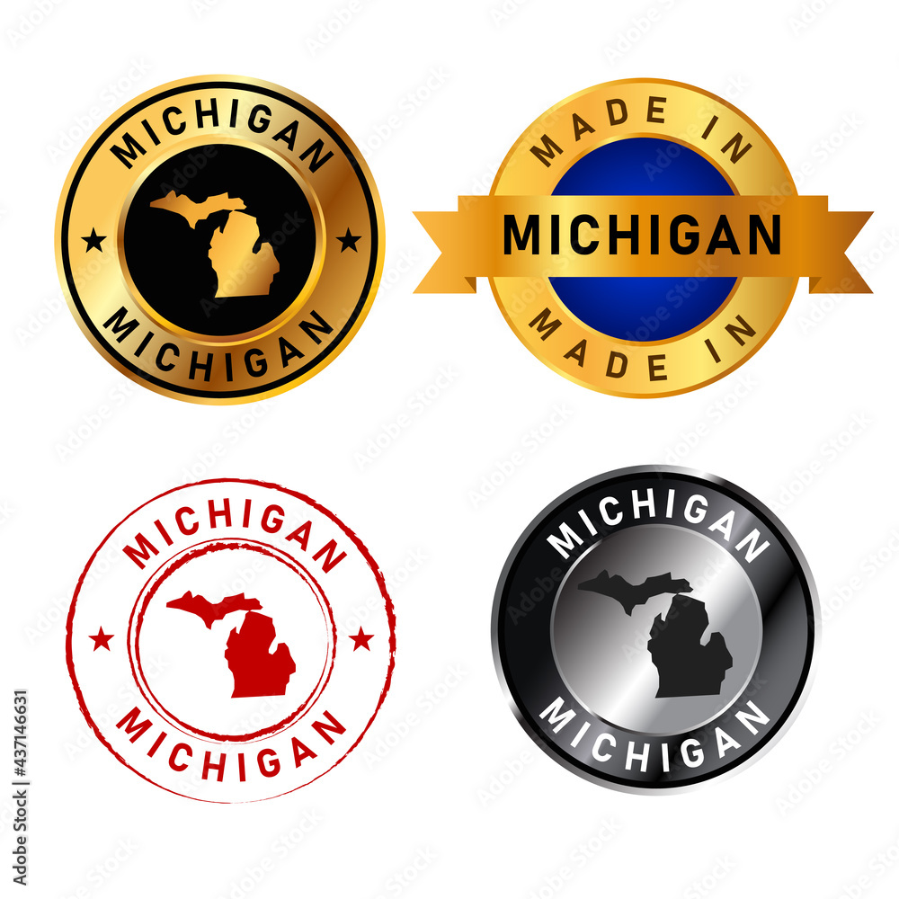 Michigan badges gold stamp rubber band circle with map shape of country ...