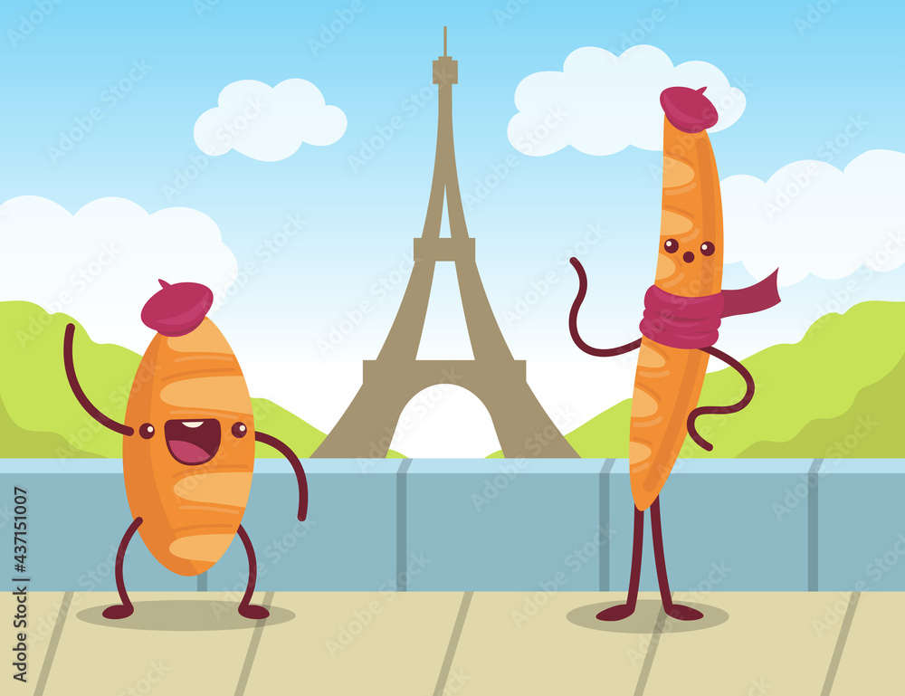 Cute bread cartoon characters illustration. French bread and baquette ...