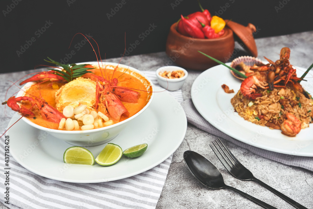 Peruvian food: called "Arroz chaufa" with seafood and "Chupe de ...