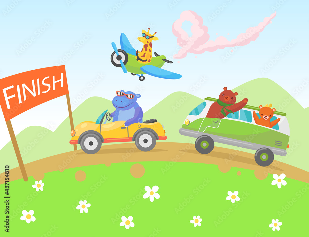 Wild animals racing on different vehicles vector illustration. Cartoon ...