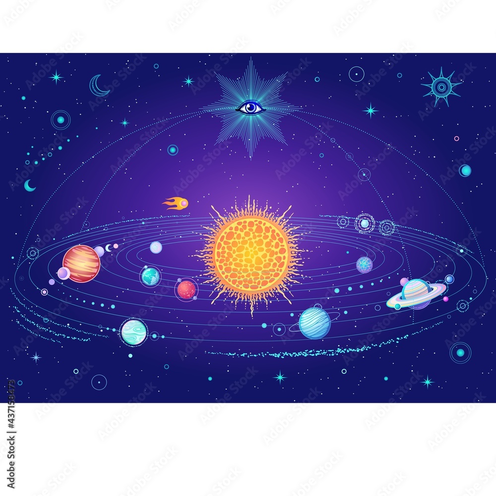 Color drawing: Animation solar system, sun, planets, cosmic symbols ...