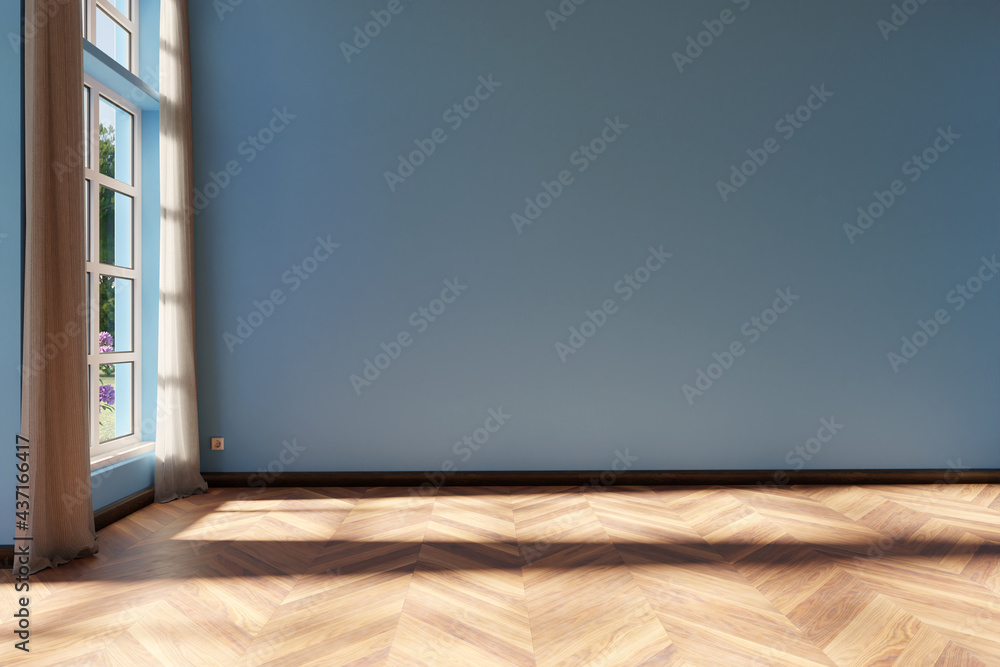 large room with blue colored wall and window; empty interior background ...