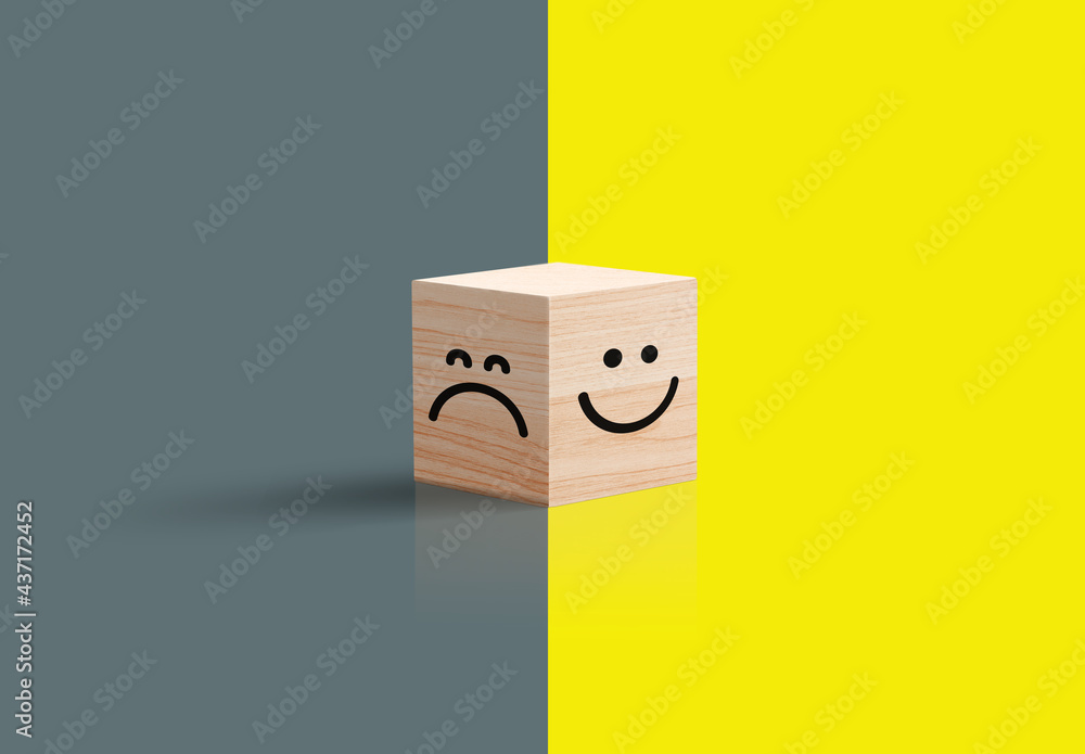 Sad happy concept. smiley face and sad face icon on wood cube, Service ...