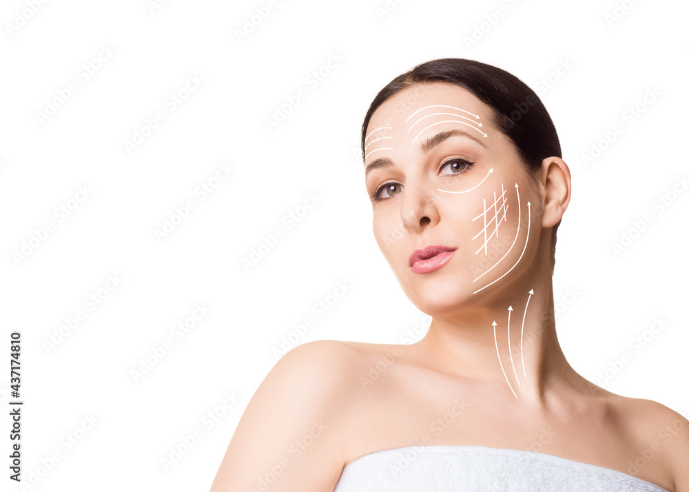 Beautiful female face, highlighted with arrows main facial lifting ...