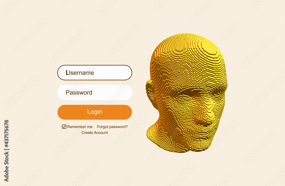 Abstract digital human head constructing from cubes. Login user ...