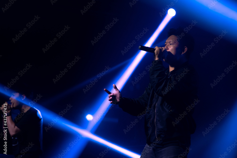 Singer holding a microphone stand and performing on stage. Rock concert ...