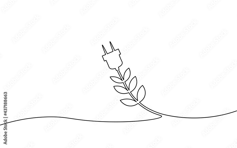 Continuous line art green energy plug concept. Sustainable power ...