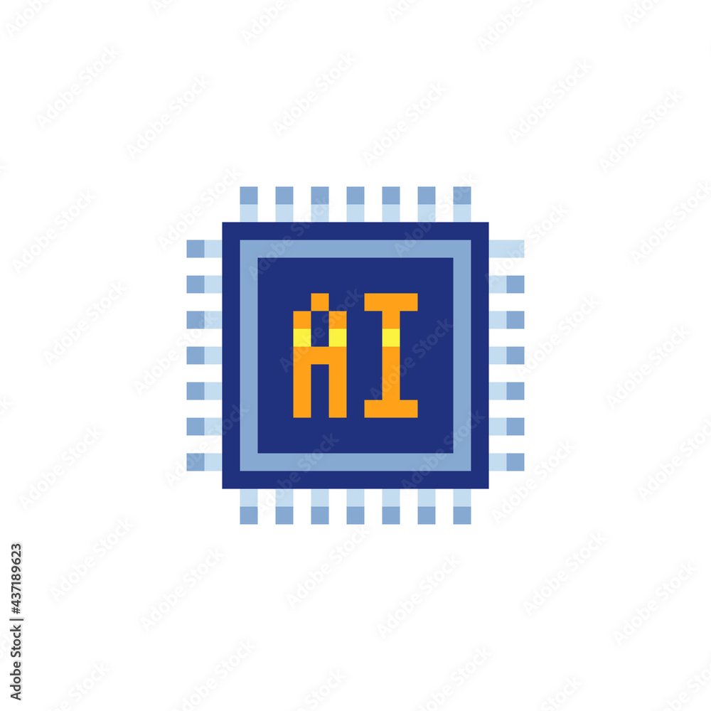 Artificial intelligence data micro circuit or microchip. Pixel art icon ...