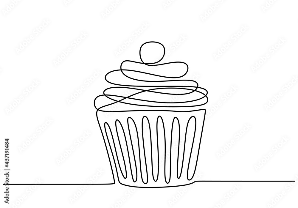 Single continuous line of cupcake. Cupcake fast food in one line style ...