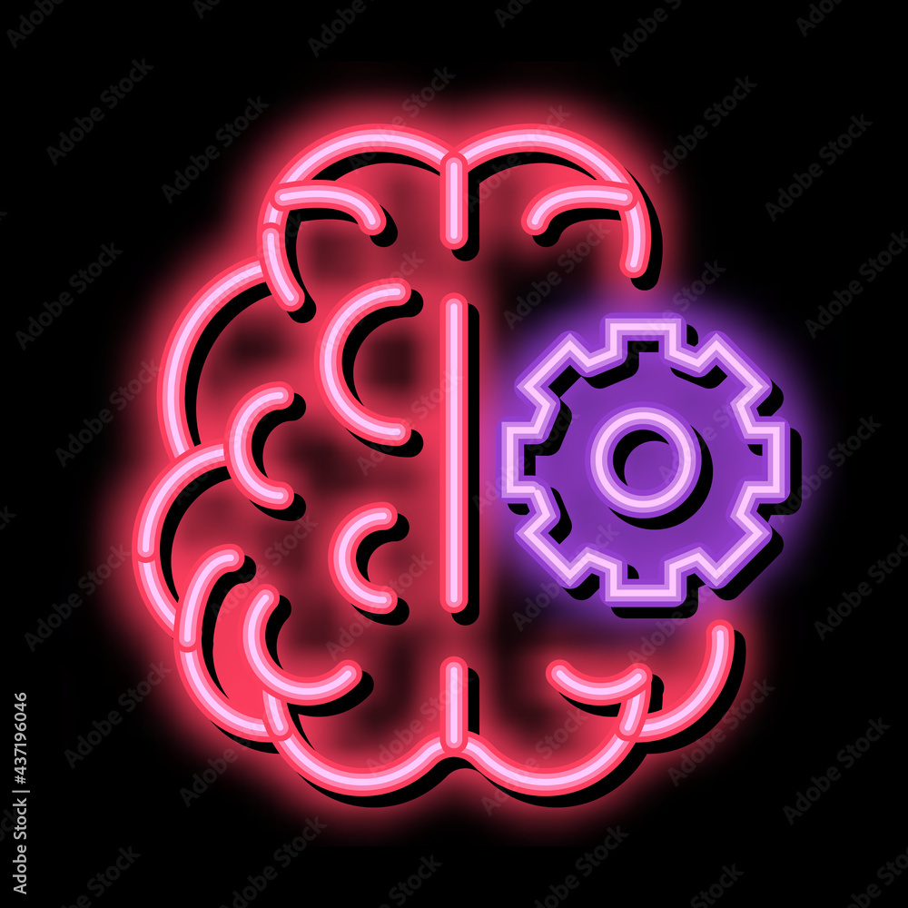 Brain And Mechanism Gear neon light sign vector. Glowing bright icon ...
