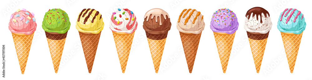 Colorful ice cream set.Tasty summer dessert.Ice-cream scoop and waffle ...