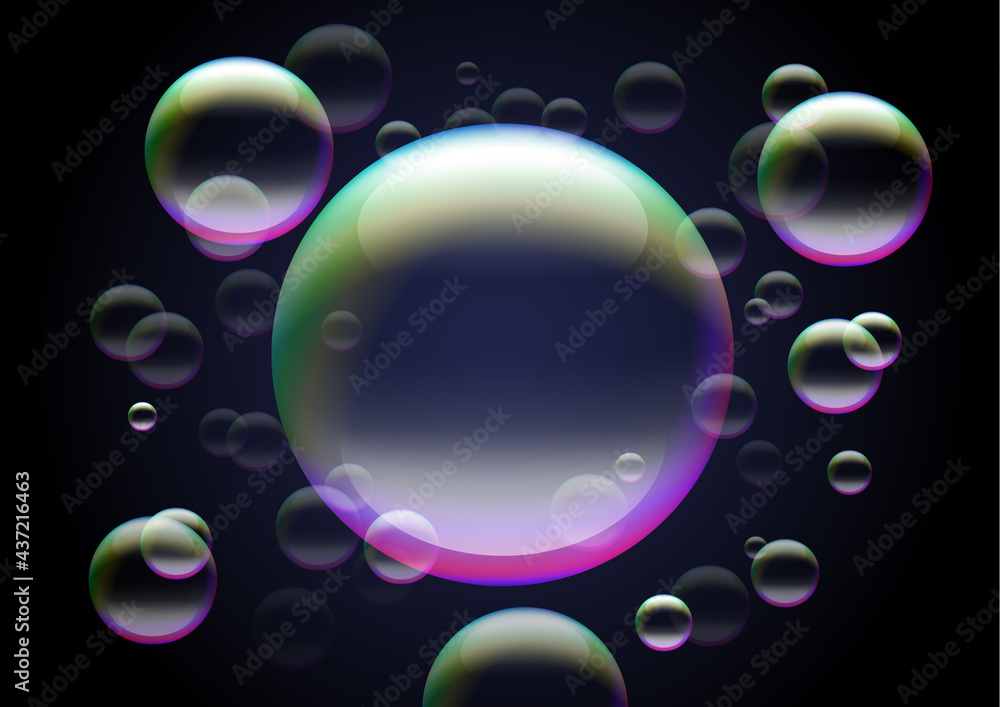 Transparent holographic bubbles on black background for hygiene themed ...