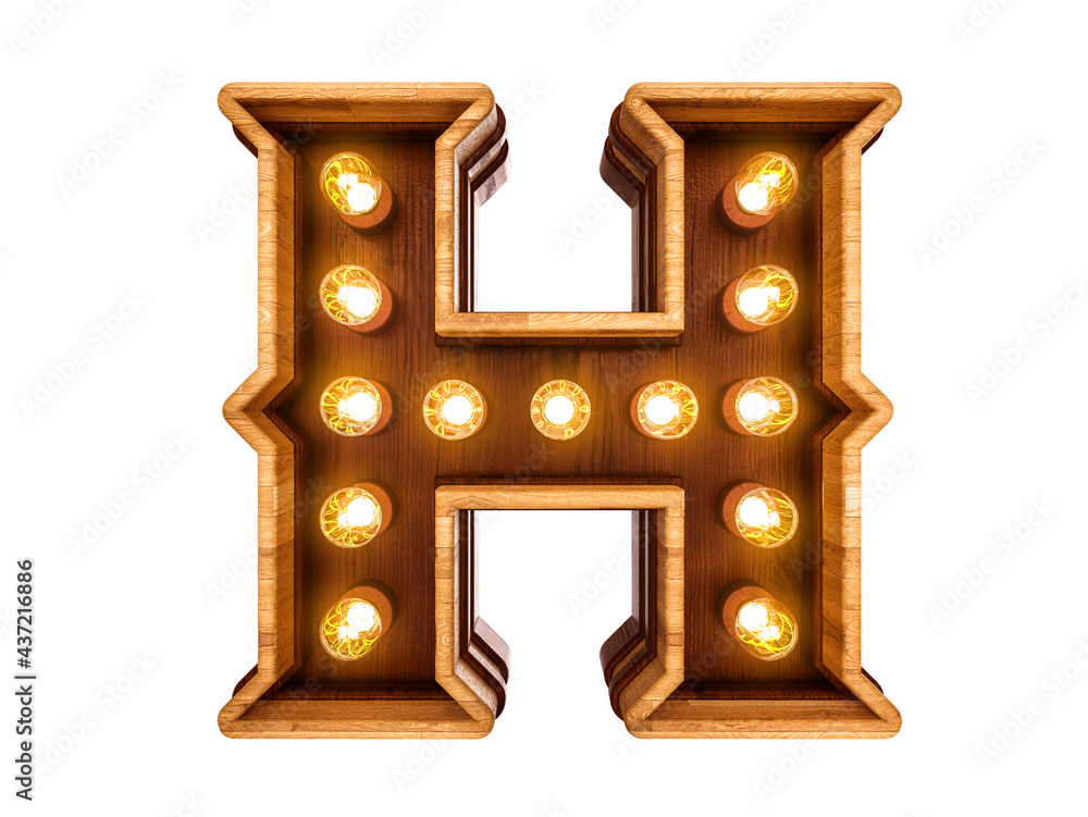 Letter H with realistic light bulbs and wood isolated on white ...