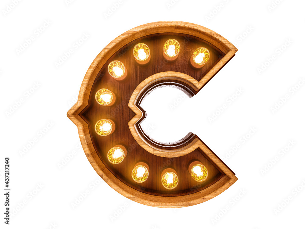 Letter C with realistic light bulbs and wood isolated on white ...