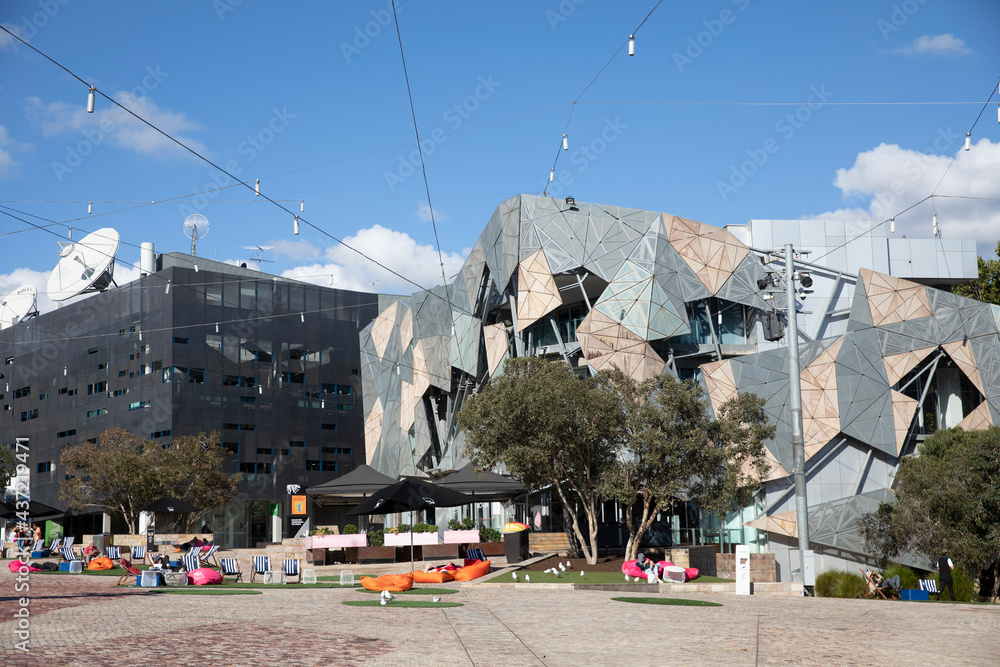 Federation Square in Melbourne city centre with distinct architecture ...