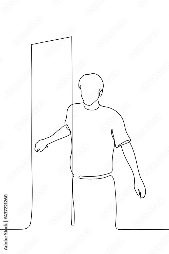 Vetor de man stands in the open at the door - one line drawing. man ...