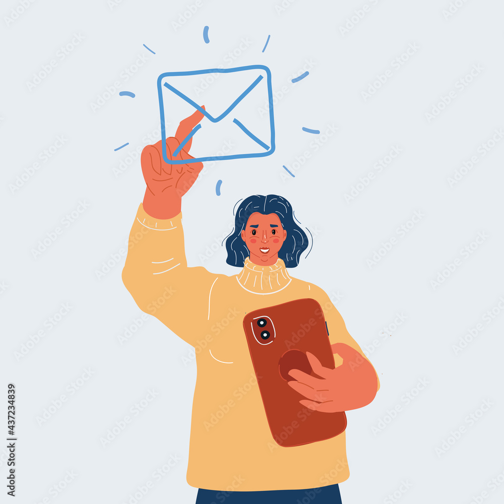 Vector illustration of young girl push envelope icon by her hand on ...