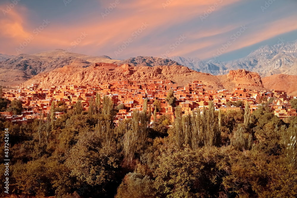 Abyaneh village in the mountains of Iran at sunset. Ancient Persian ...