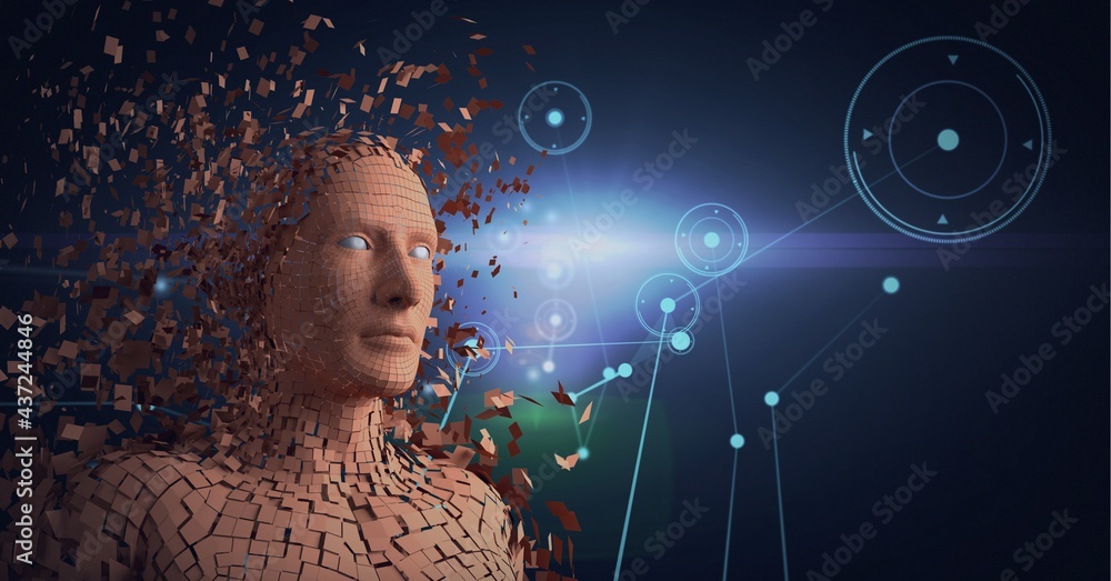Composition of exploding human bust formed with particles over network ...