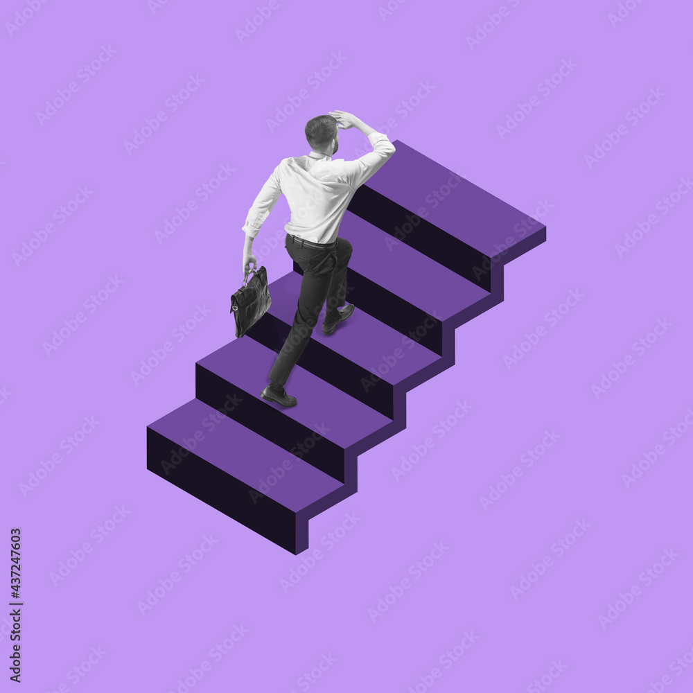 Career ladder. Young man manager, finance analyst or clerk in office ...