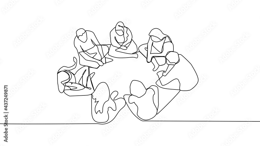 Continuous line drawing group of people sitting, standing, meeting and ...