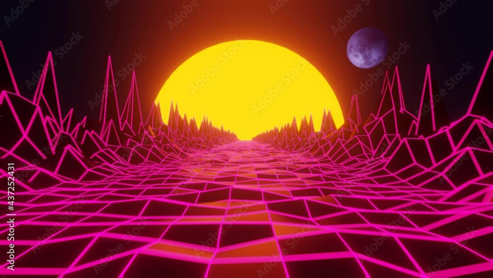 80s Retro Style Animation. Pink Grid Neon Landscape With a Yellow ...