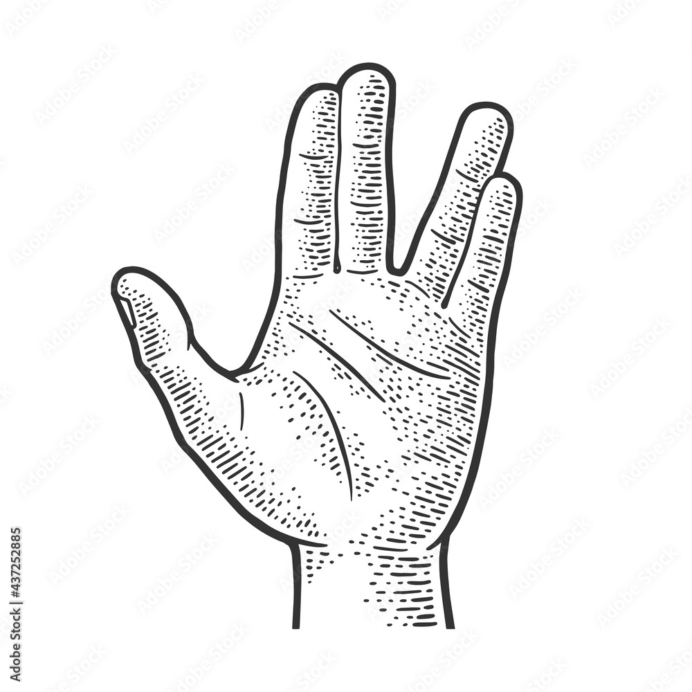 Vulcan salute hand gesture line art sketch engraving vector ...